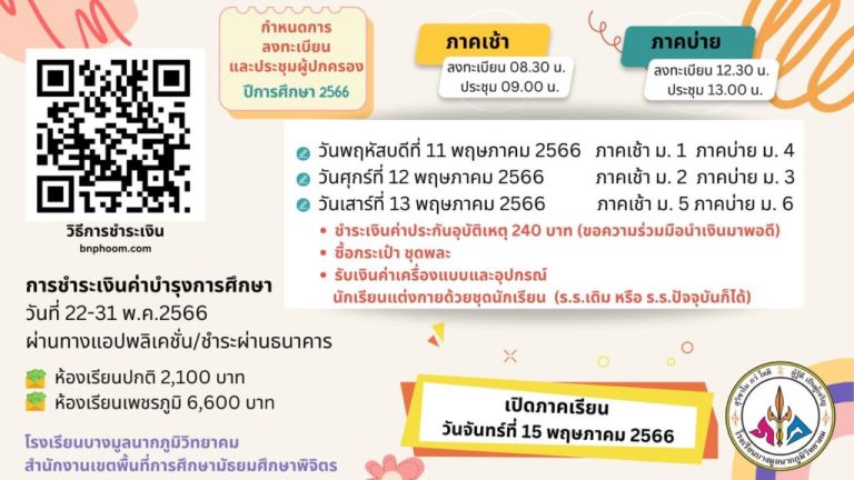 แจ้งข้อมูลการเปิดเรียน ภาคเรียนที่ 1 ปีการศึกษา 2566 - โรงเรียนบางมูลนากภูมิวิทยาคม